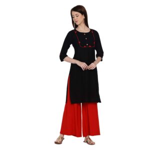 ramkudi indian womens plain cotton straight stitched design neck kurti (black, l)