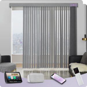 graywind motorized vertical blinds compatible with alexa google privacy blackout smart vertical blind remote control track slats set for patio sliding glass doors, width up to 157", light grey