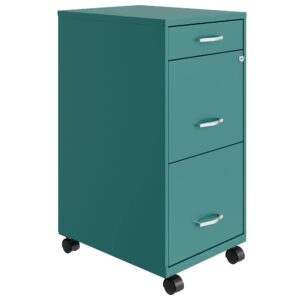 space solutions 18 inch wide metal mobile organizer file cabinet for office supplies and hanging file folders w/pencil drawer & 3 file drawers, teal