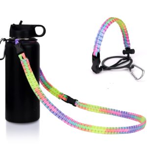 ilvanya paracord handle with shoulder strap for hydro flask wide mouth bottles, paracord strap carrier for 12oz to 64oz bottle, water bottle accessories with safety ring carabiner(bright rainbow)