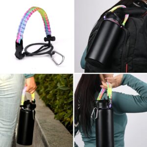 iLVANYA Paracord Handle with Shoulder Strap for Hydro Flask Wide Mouth Bottles, Paracord Strap Carrier for 12oz to 64oz Bottle, Water Bottle Accessories with Safety Ring Carabiner(Bright Rainbow)