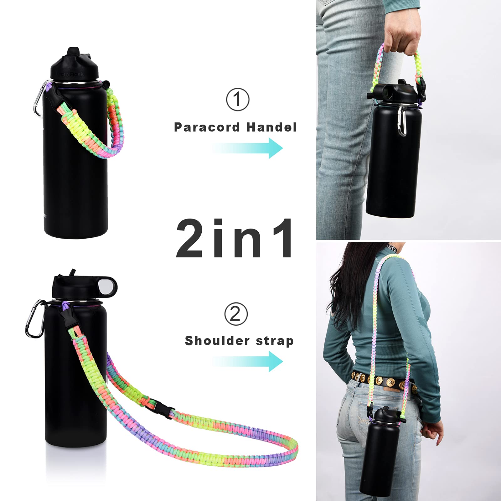 iLVANYA Paracord Handle with Shoulder Strap for Hydro Flask Wide Mouth Bottles, Paracord Strap Carrier for 12oz to 64oz Bottle, Water Bottle Accessories with Safety Ring Carabiner(Bright Rainbow)