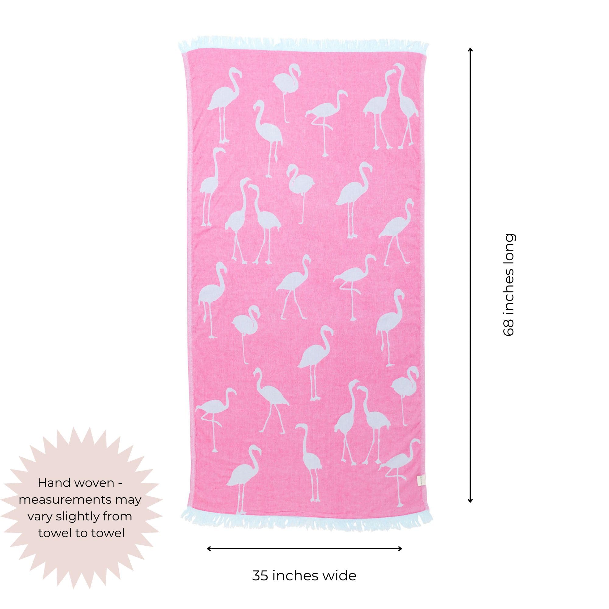 InfuseZen Turkish Towel - Thin & Absorbent Peshtemal Beach Bath Towels - 100% Cotton Oversized Hammam Fouta Towel Lightweight Pool, Gym, Travel Towel with Flamingo Design (Pink)