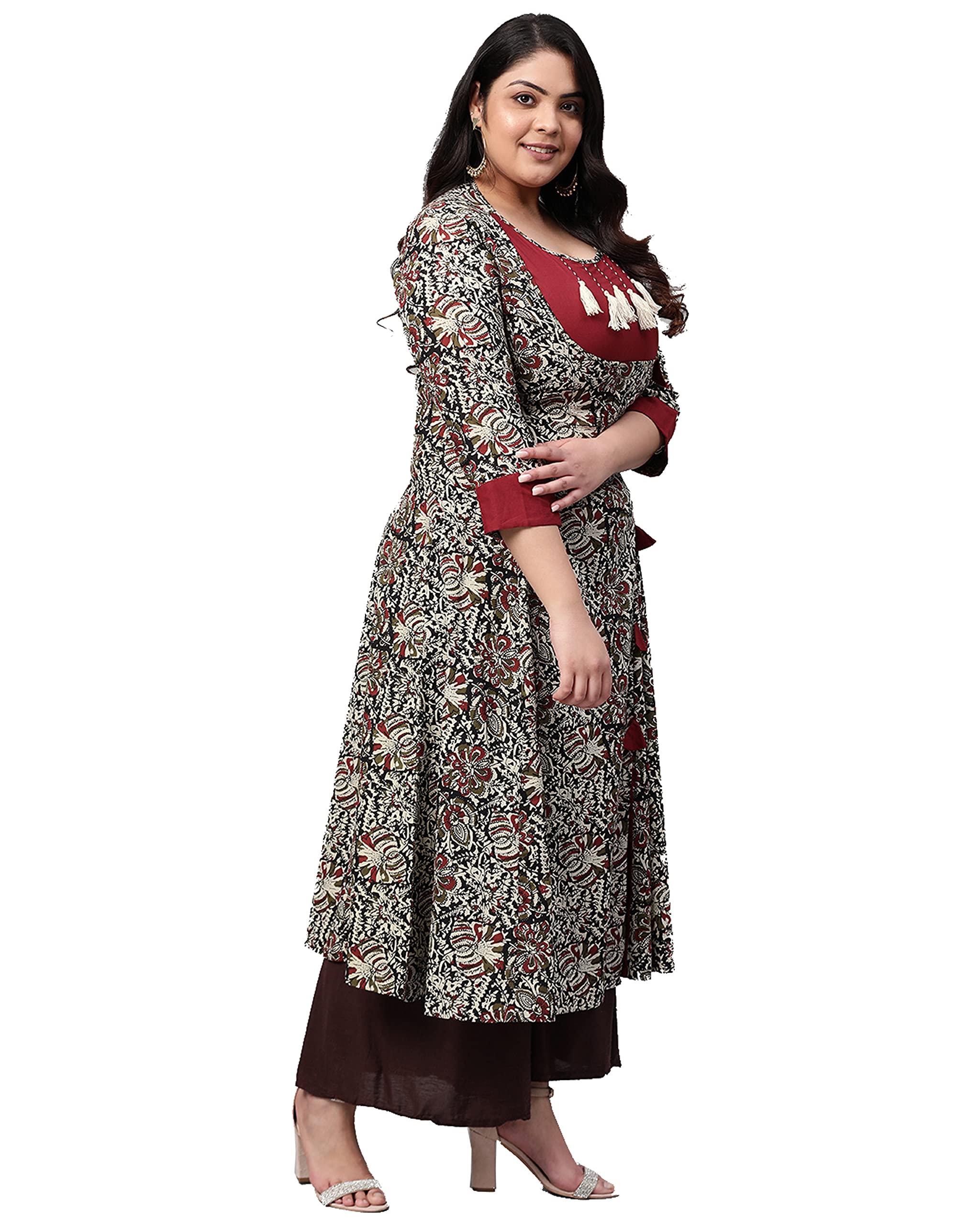 Yash Gallery Women's Cotton Angrakha Style Printed Indian Kalamkari Kurtis (Maroon., XXL)