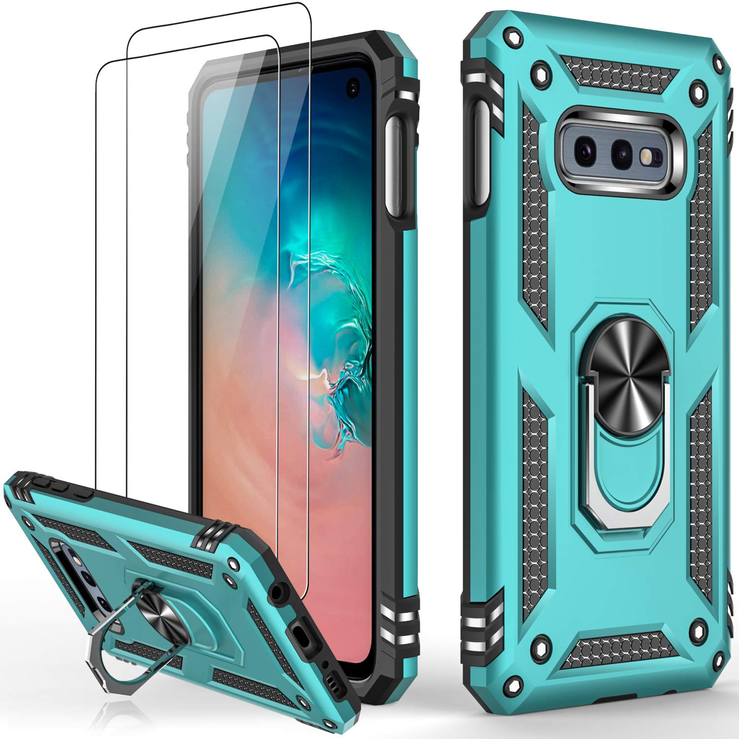 IKAZZ for Galaxy S10e Case with Screen Protector,Military Grade Shockproof Cover Pass 16ft Drop Test with Magnetic Kickstand Car Mount Holder Protective Phone Case for Samsung Galaxy S10e Turquoise