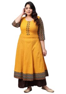 yash gallery plus size cotton geometric print 3/4 sleeve round neck anarkali kurta (mustard yellow, 3xl)