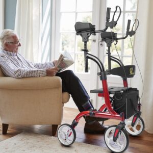 WINLOVE Upright Rollator Walkers for Seniors Stand Up Aluminium Tall Walker Light Weight for Rolling Mobility Walking Aids Red