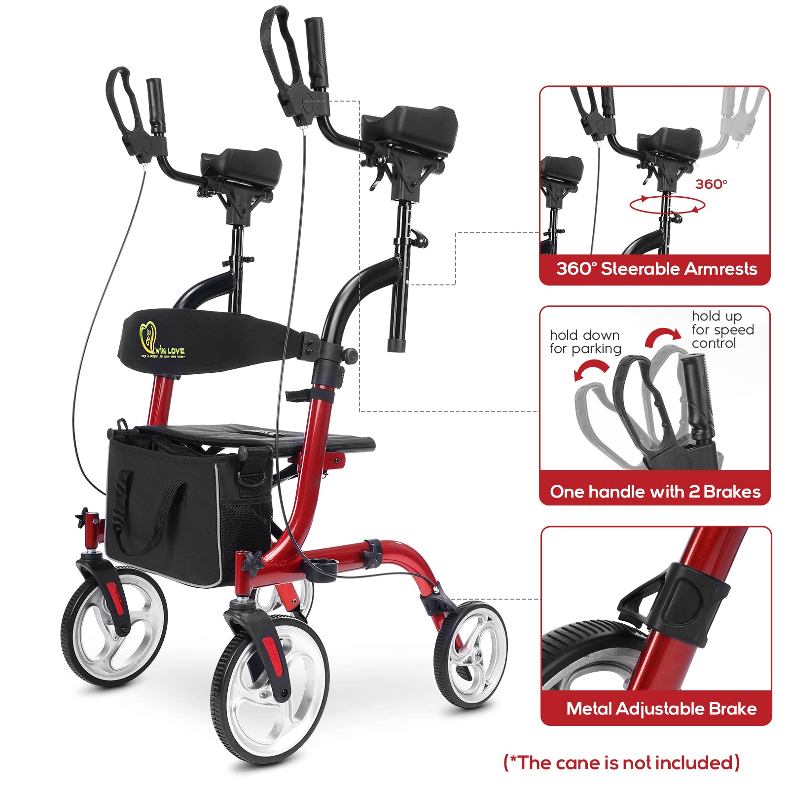 WINLOVE Upright Rollator Walkers for Seniors Stand Up Aluminium Tall Walker Light Weight for Rolling Mobility Walking Aids Red