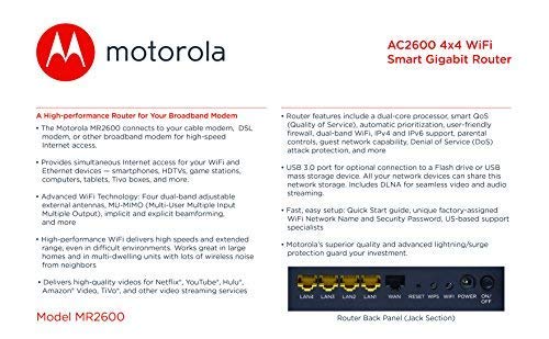 MOTOROLA AC2600 4x4 WiFi Smart Gigabit Router with Extended Range, Model MR2600 (Renewed)