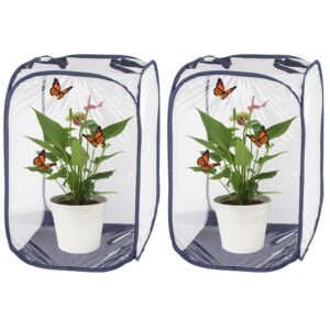 antoll 2pcs 24" m size blue butterfly habitat cage, monarch butterfly habitat, butterfly cage for caterpillars, flying insect mesh cage, outdoor observation plant, pop-up open size: 16"x16"x24"