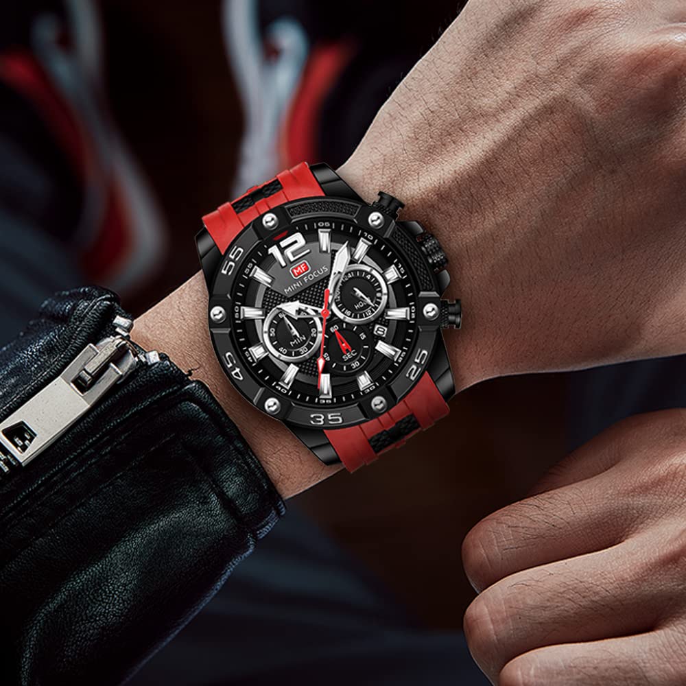 AIMES Watches for Men Red Stylish Analog Quartz Chronograph Waterproof Luminous Big Face Mens Watches Business Work Sport Casual Fashion Designer Dress Men's Wrist Watches Elegant Gift for Men