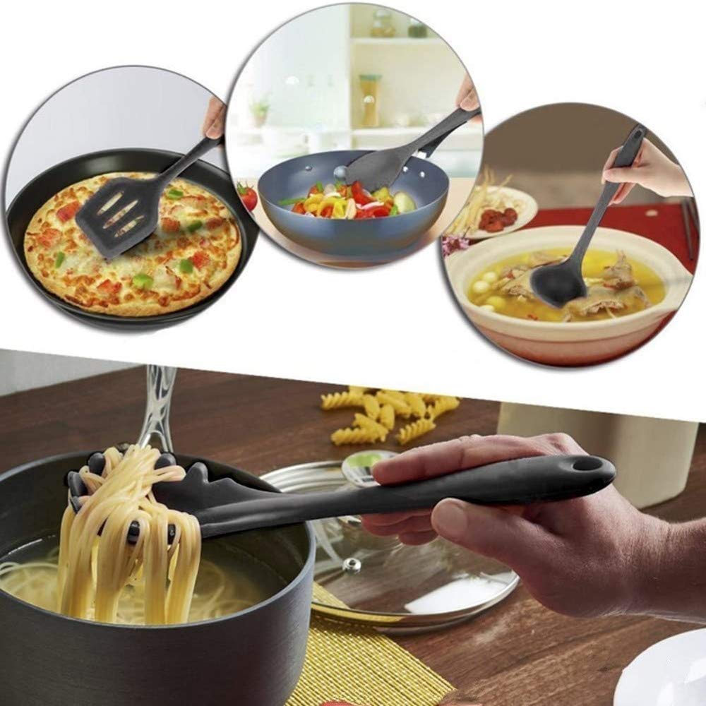 10pcs Kitchen Utensil Set,Silicone Heat-Resistant Non-Stick Kitchen Utensils Cooking Tools,Turner, Whisk, Spoon,Brush,spatula, Ladle Slotted turner Tongs Pasta Fork (BLACK)