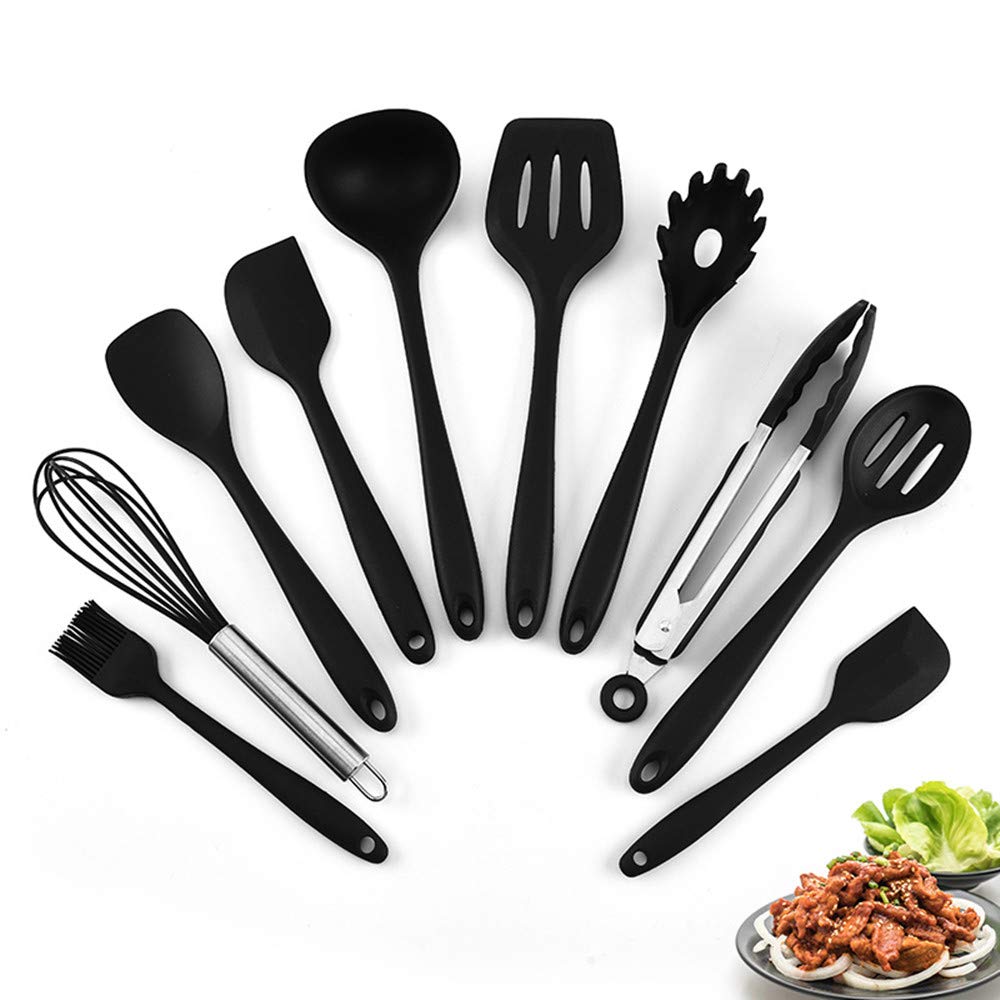 10pcs Kitchen Utensil Set,Silicone Heat-Resistant Non-Stick Kitchen Utensils Cooking Tools,Turner, Whisk, Spoon,Brush,spatula, Ladle Slotted turner Tongs Pasta Fork (BLACK)