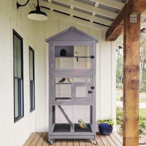 gutinneen outdoor bird aviary wooden large bird cage on wheels, featuring play stand, perches, nest habitat, include wire mesh above bottom tray easy to clean