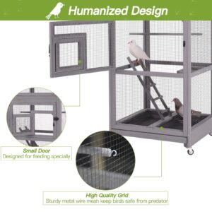 GUTINNEEN Outdoor Bird Aviary Wooden Large Bird Cage on Wheels, Featuring Play Stand, Perches, Nest Habitat, Include Wire Mesh above Bottom Tray Easy to Clean