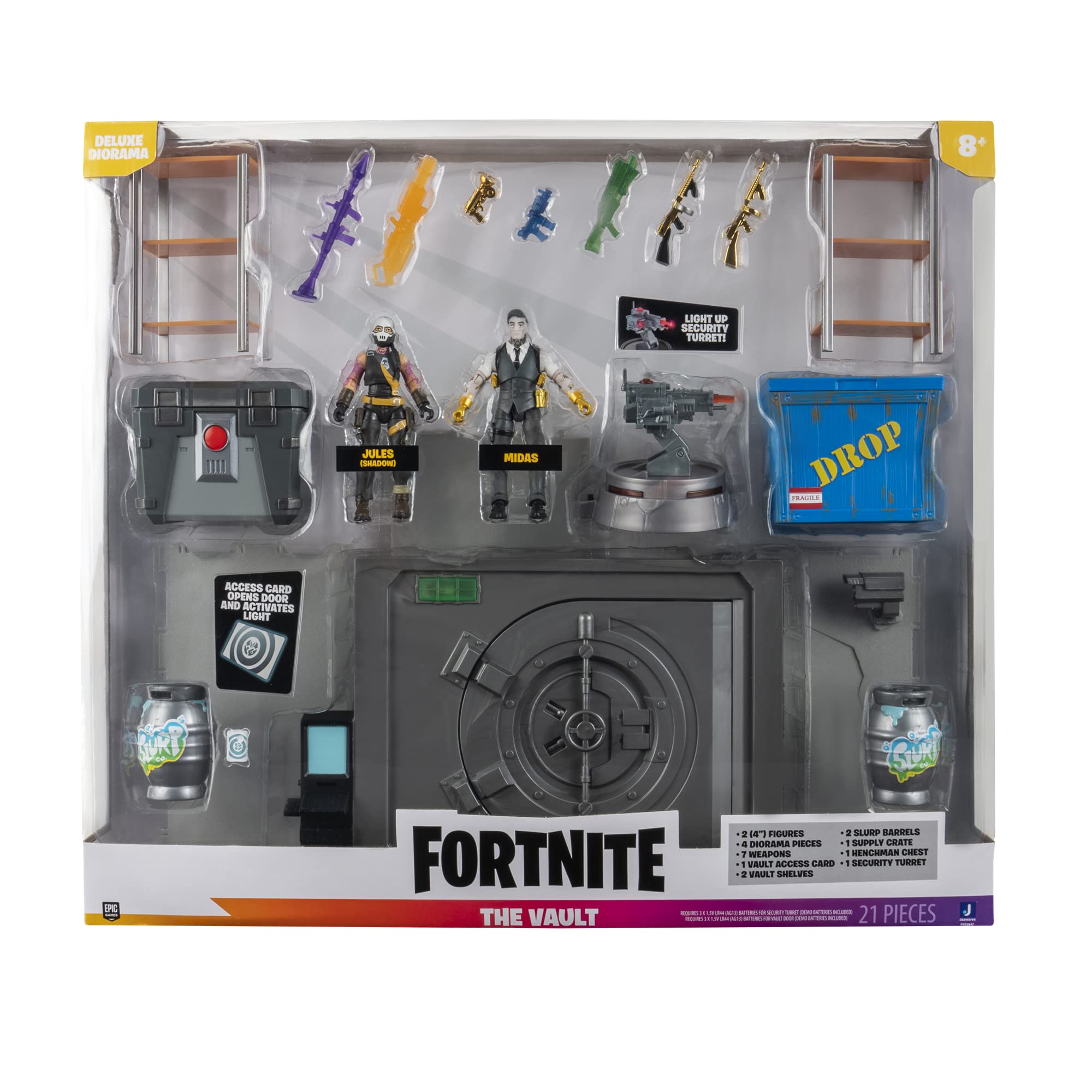 FORTNITE The Vault Deluxe Diorama, Includes 2 (4-inch) Articulated Figures, Playset with Breakaway Wall, Weapons, and 21 Accessories.