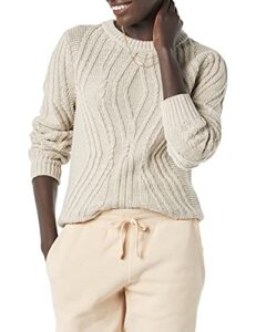 amazon essentials women's 100% cotton crewneck cable sweater, beige, small