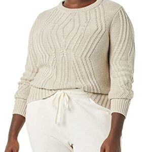 Amazon Essentials Women's 100% Cotton Crewneck Cable Sweater, Beige, Small