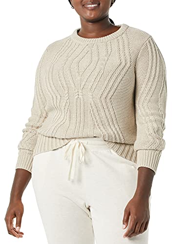 Amazon Essentials Women's 100% Cotton Crewneck Cable Sweater, Beige, Small