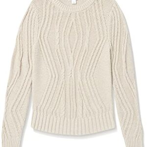 Amazon Essentials Women's 100% Cotton Crewneck Cable Sweater, Beige, Small