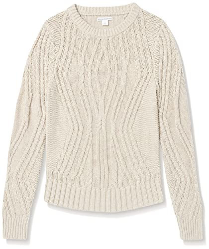 Amazon Essentials Women's 100% Cotton Crewneck Cable Sweater, Beige, Small