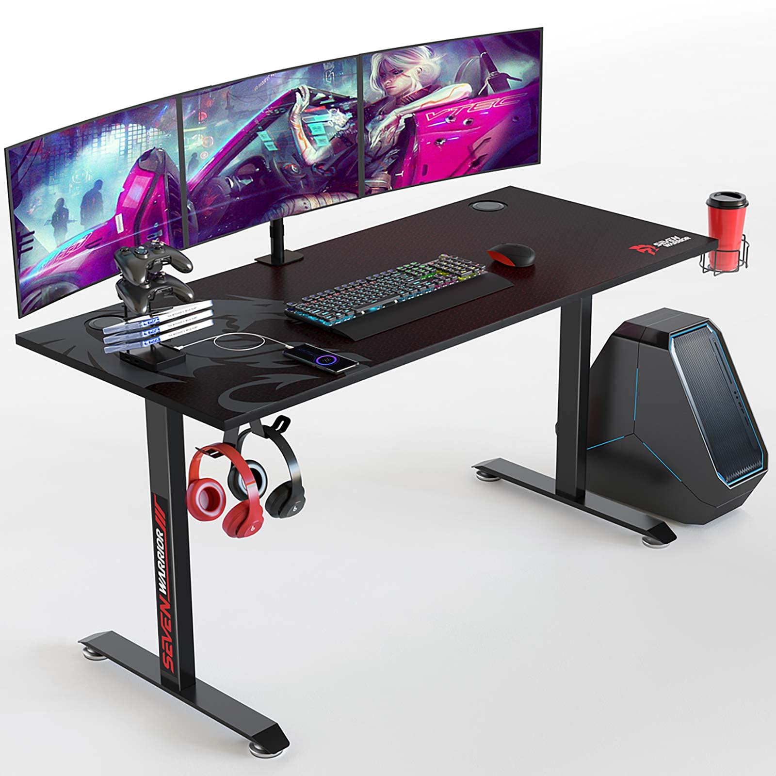 SEVEN WARRIOR Gaming Desk 55’’, T-Shaped Carbon Fiber Surface Computer Desk with Full Mouse Pad, Gamer Desk with Headphone Hook, USB Rack, Cup Holder