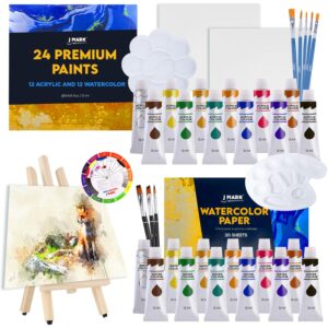 j mark acrylic & watercolor painting kit – complete painting set with watercolor kit, acrylic & watercolor paint tubes, wood easel, watercolor paper, canvas painting kit & more