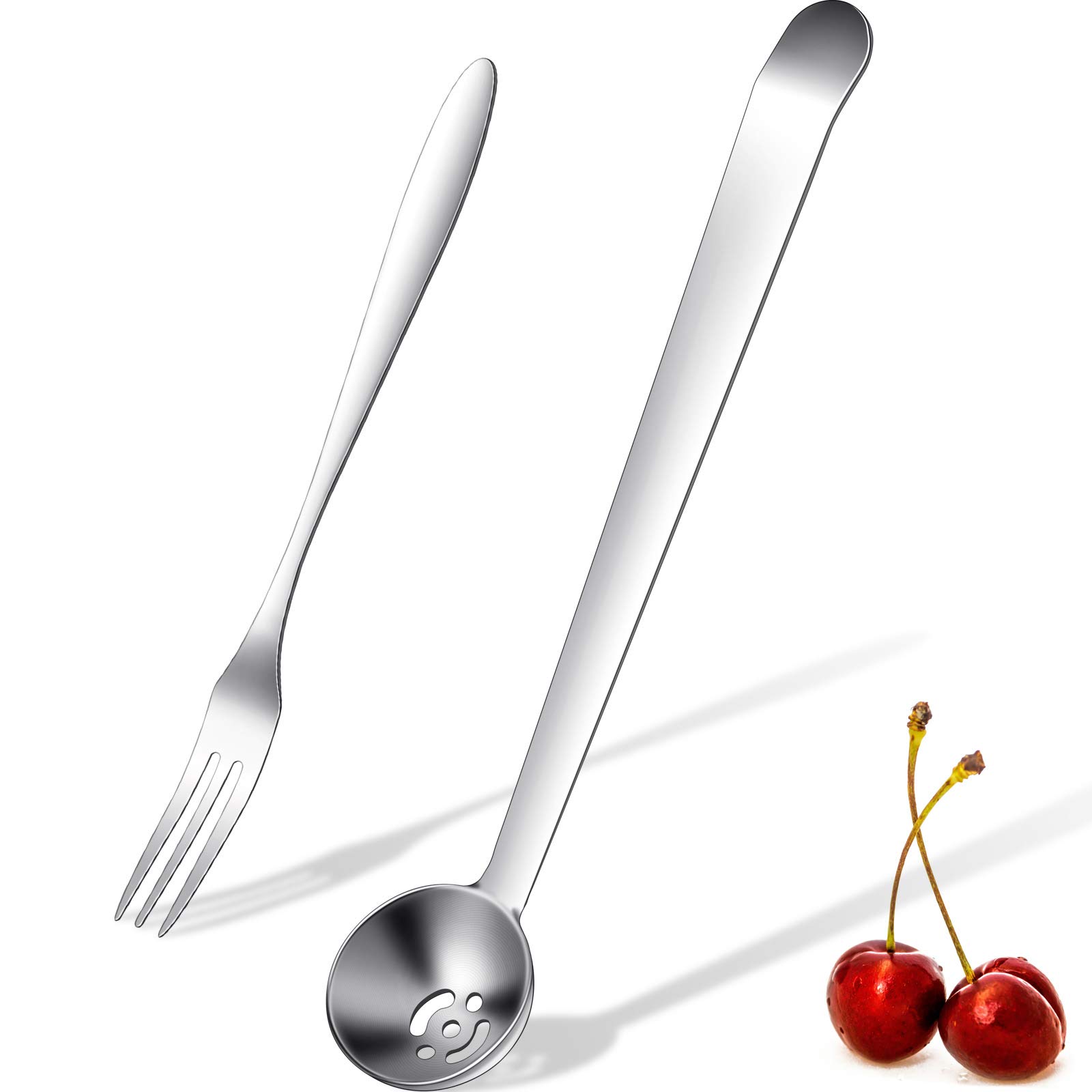 2 Pieces Olive Spoon Strainer Stainless Steel Pickle Forks Set Pick Jar Spoon and Fork Cherry Spoon with Drain Hole Jar Serving Spoon Tools for Onion, Caper Slotted Spoon