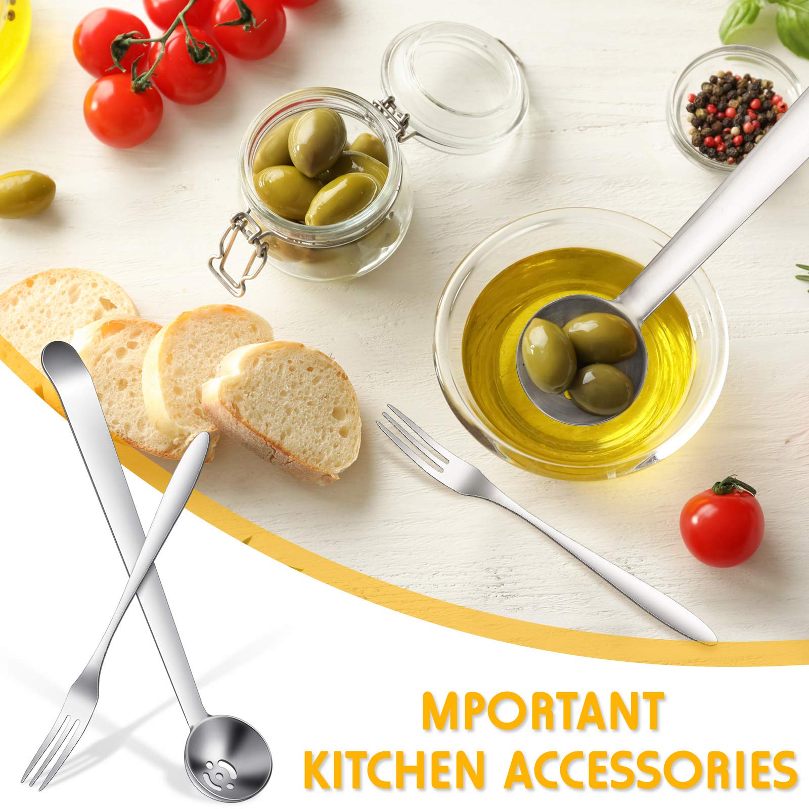 2 Pieces Olive Spoon Strainer Stainless Steel Pickle Forks Set Pick Jar Spoon and Fork Cherry Spoon with Drain Hole Jar Serving Spoon Tools for Onion, Caper Slotted Spoon