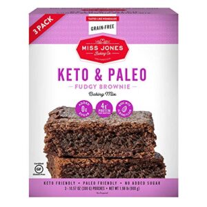 miss jones baking keto brownie mix - gluten free, low carb, no sugar added, naturally sweetened desserts & treats - diabetic, atkins, ww, and paleo friendly (3 count case)