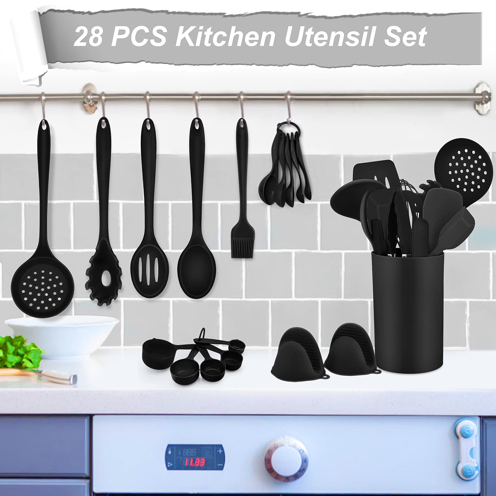 TeamFar Kitchen Utensil, 28 PC Silicone Kitchen Cooking Baking Utensil Set for Nonstick Cookware, Spatula Holder Spoon Whisk Tuner, Heat-Resistant & Non-Stick, Non-Toxic & Dishwasher Safe- Black