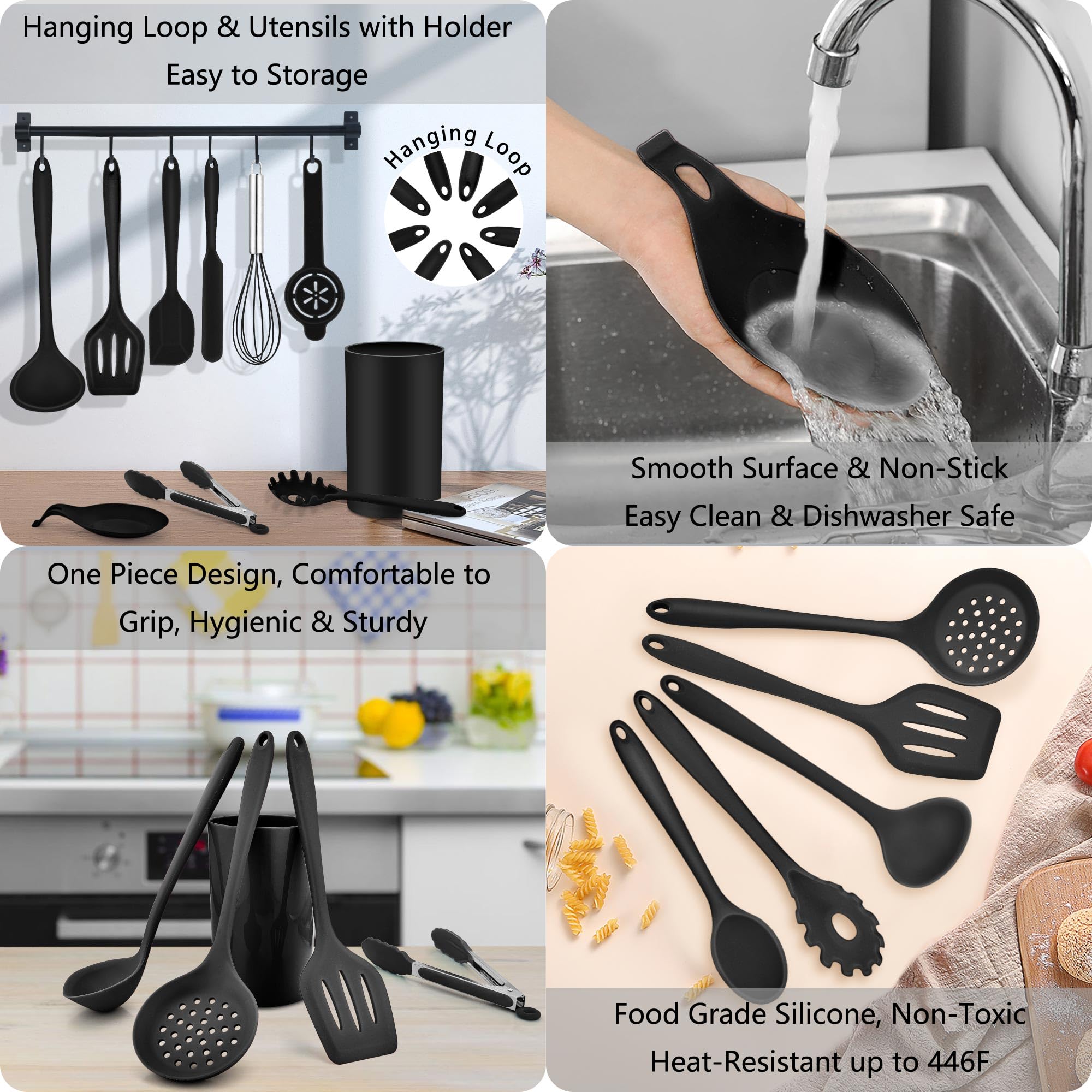 TeamFar Kitchen Utensil, 28 PC Silicone Kitchen Cooking Baking Utensil Set for Nonstick Cookware, Spatula Holder Spoon Whisk Tuner, Heat-Resistant & Non-Stick, Non-Toxic & Dishwasher Safe- Black