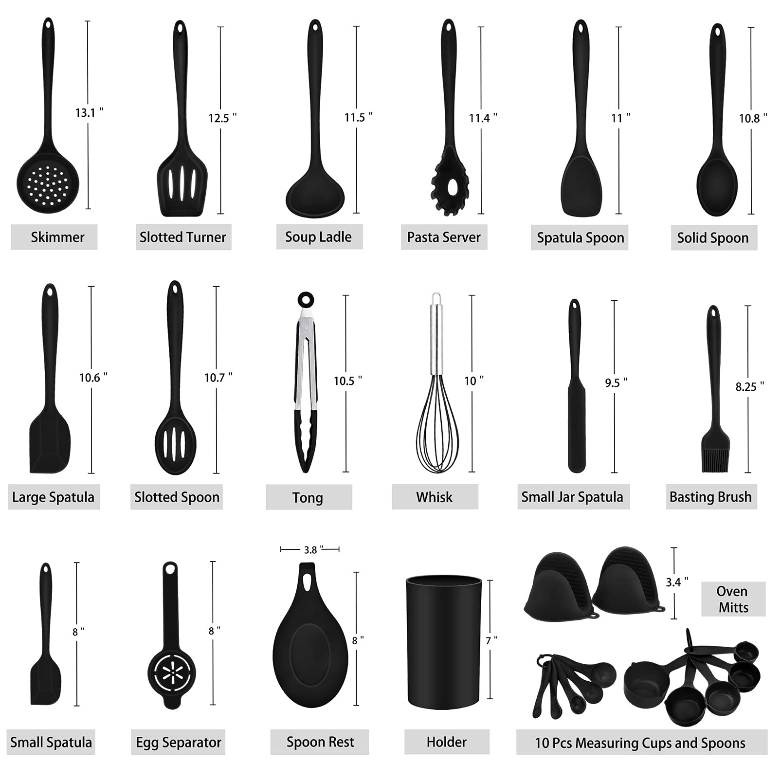 TeamFar Kitchen Utensil, 28 PC Silicone Kitchen Cooking Baking Utensil Set for Nonstick Cookware, Spatula Holder Spoon Whisk Tuner, Heat-Resistant & Non-Stick, Non-Toxic & Dishwasher Safe- Black