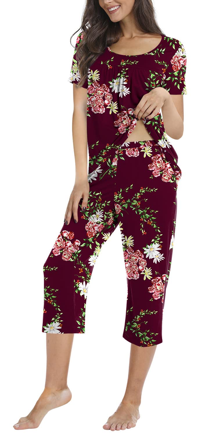 POPYOUNG Womens Summer Casual 2 Piece Pajama Sets with Comfy Capri Pants and Pockets Lounge Sleepwear L, Floral Wine