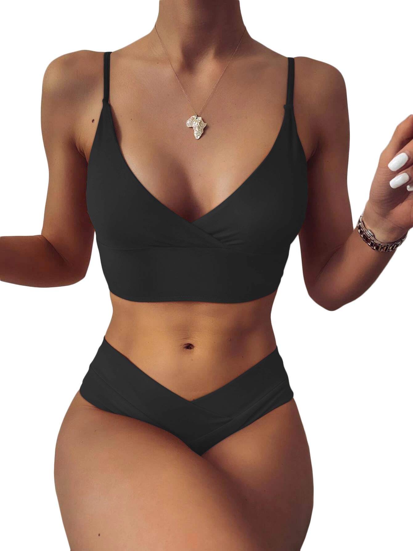 Balimtoy Summer Bikini Sets for Women Sexy V Neck Push Up Bathing Suits High Cut Thong Two Piece Cheeky Swimsuit Black S