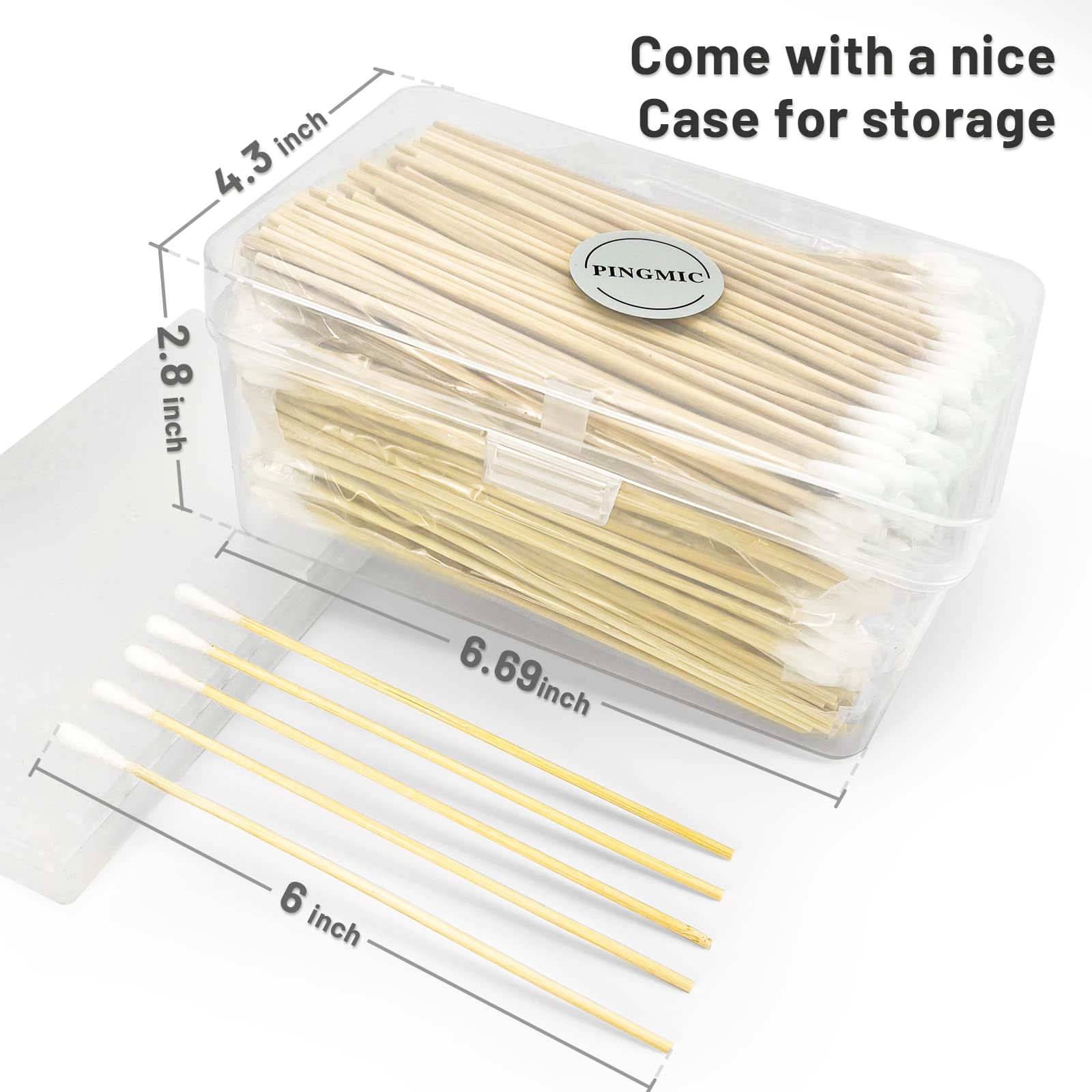 500PCS 6" Cotton Swabs in Storage Box - Long Cotton Swab with Bamboo Handle - Lint Free Cotton Swabs with Wooden Sticks - Highly Absorbent Cotton Tipped Applicators for Makeup, Gun Cleaning, Pet Care