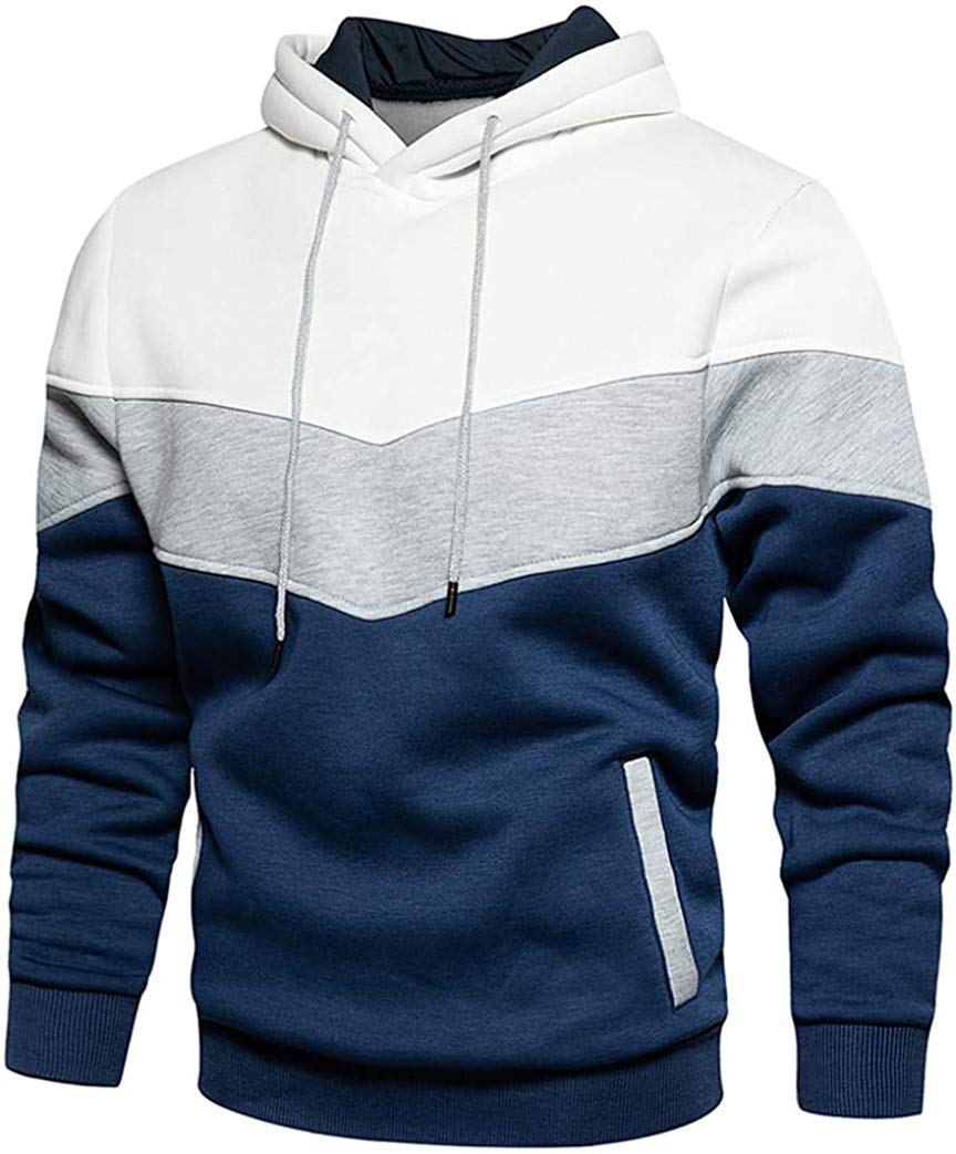 Wielsscca Mens Hoodies Pullover Color Block Fleece Sweatshirt Tops with Pocket White L