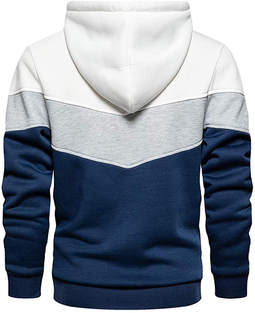 Wielsscca Mens Hoodies Pullover Color Block Fleece Sweatshirt Tops with Pocket White L