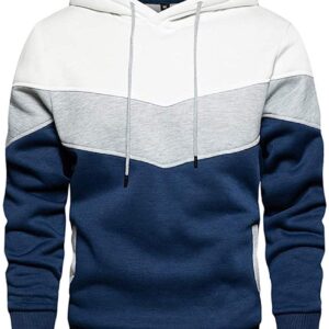 Wielsscca Mens Hoodies Pullover Color Block Fleece Sweatshirt Tops with Pocket White L