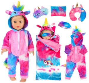 ebuddy 18 inch doll clothes 18 inch doll accessories-unicorn doll costume colorful tie-dyed pajamas sleeping bag set for 18 inch girl doll,most 18 inch dolls(no doll)