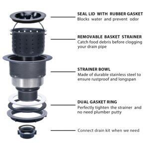 Kitchen Sink Drain 3-1/2 Inch Black Sink Drain Assembly Kit, Removable Deep Sink Strainer Basket with Sink Stopper/Sealing Lid for Home, Kitchen, Stainless Steel