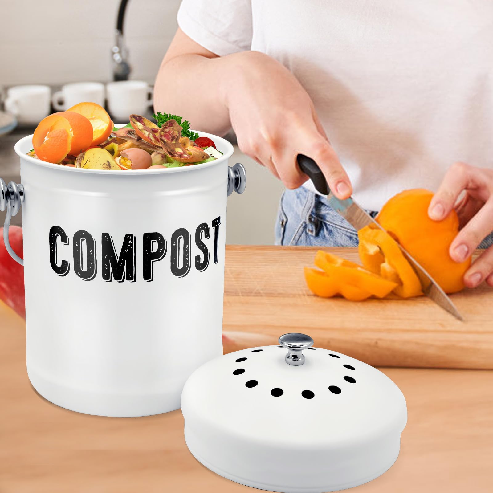 Compost Bin Kitchen, ENLOY Countertop Compost Bin with Lid Use for Kitchen Food Waste, Powder Coated Rust Proof Odorless Compost Bucket, 1.3 Gallon, White