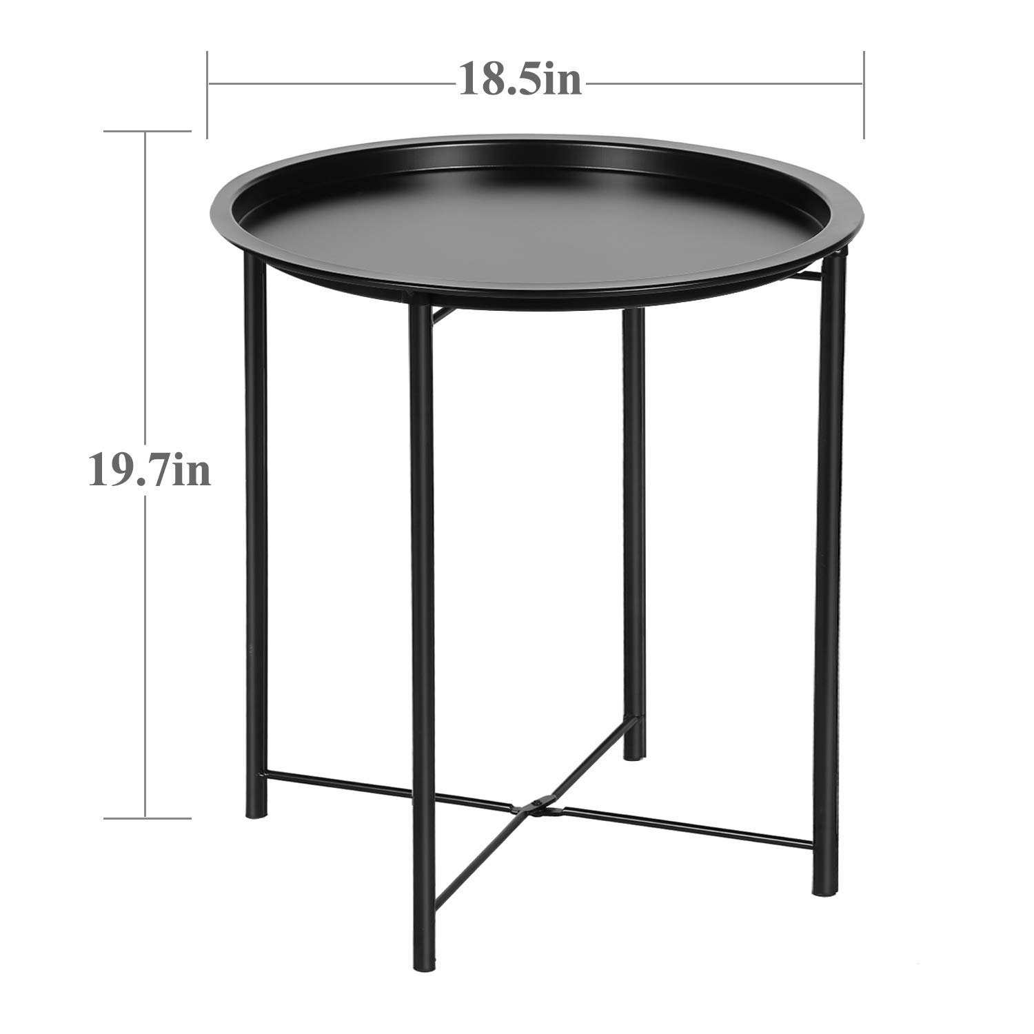 VECELO Side/End Table, Folding Round Metal Anti-Rust and Waterproof Outdoor or Indoor Tray for Living Room Bedroom Balcony and Office, 1 PCS, Black