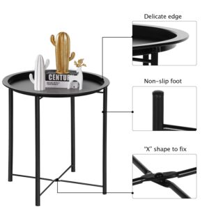 VECELO Side/End Table, Folding Round Metal Anti-Rust and Waterproof Outdoor or Indoor Tray for Living Room Bedroom Balcony and Office, 1 PCS, Black