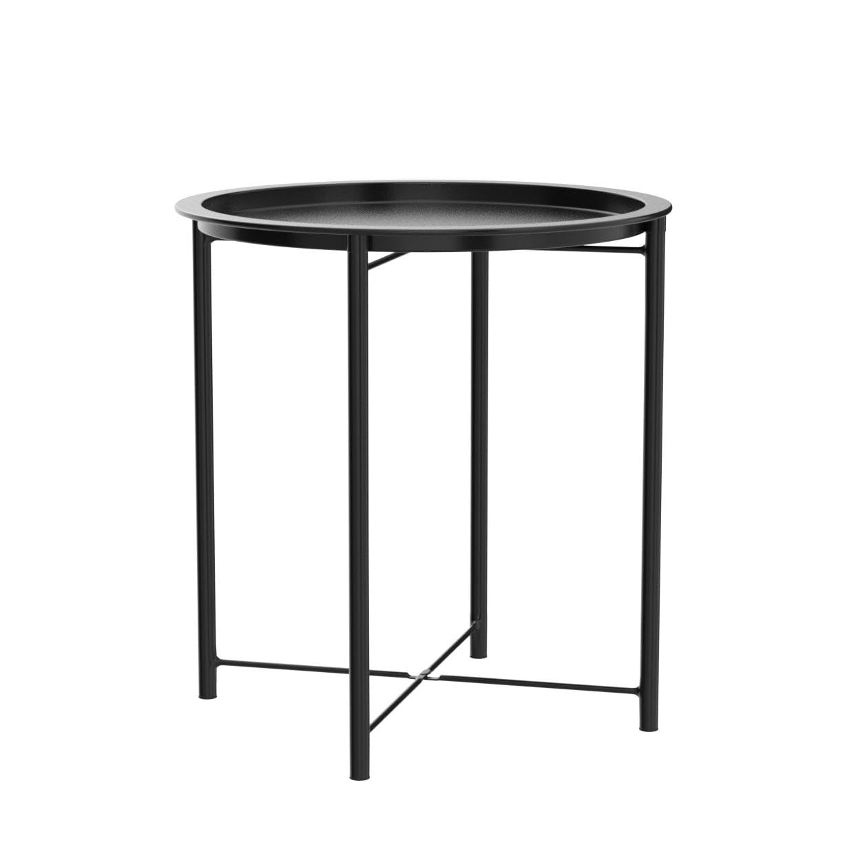 VECELO Side/End Table, Folding Round Metal Anti-Rust and Waterproof Outdoor or Indoor Tray for Living Room Bedroom Balcony and Office, 1 PCS, Black