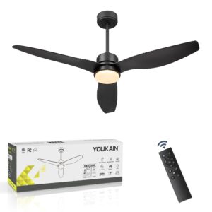 youkain 52 inch indoor/outdoor modern ceiling fan with lights and remote control, reversible blades, for living room, bedroom, bathroom, matte black, 52-yj359-bk