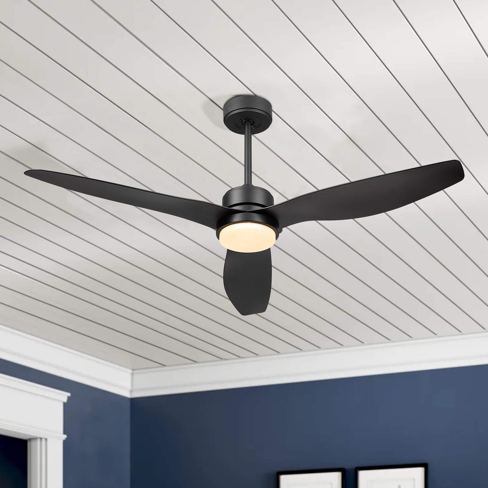 YOUKAIN 52 Inch Indoor/Outdoor Modern Ceiling Fan with Lights and Remote Control, Reversible Blades, for Living room, Bedroom, Bathroom, Matte Black, 52-YJ359-BK