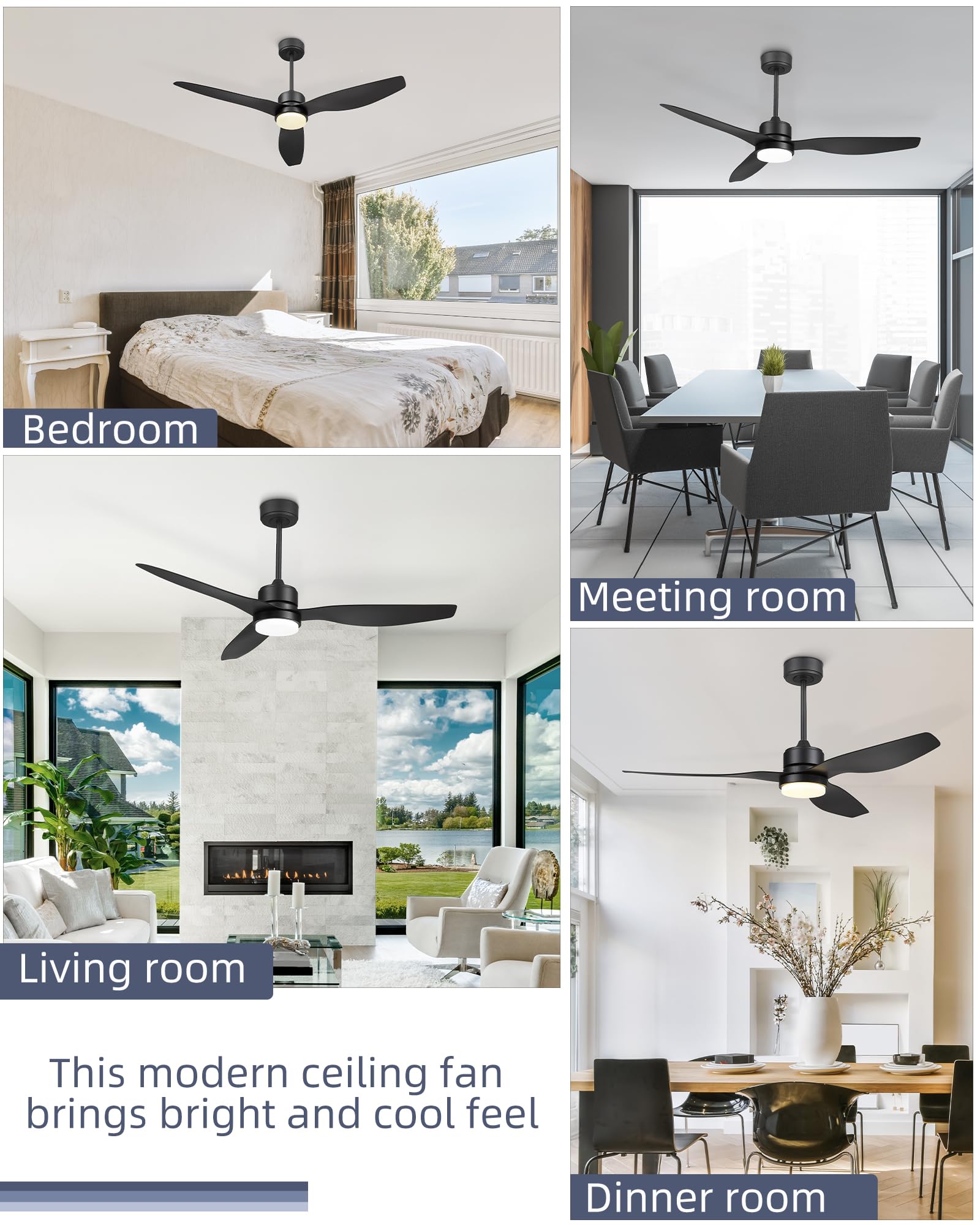 YOUKAIN 52 Inch Indoor/Outdoor Modern Ceiling Fan with Lights and Remote Control, Reversible Blades, for Living room, Bedroom, Bathroom, Matte Black, 52-YJ359-BK