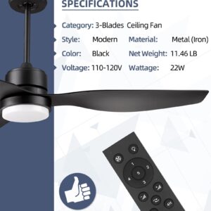 YOUKAIN 52 Inch Indoor/Outdoor Modern Ceiling Fan with Lights and Remote Control, Reversible Blades, for Living room, Bedroom, Bathroom, Matte Black, 52-YJ359-BK