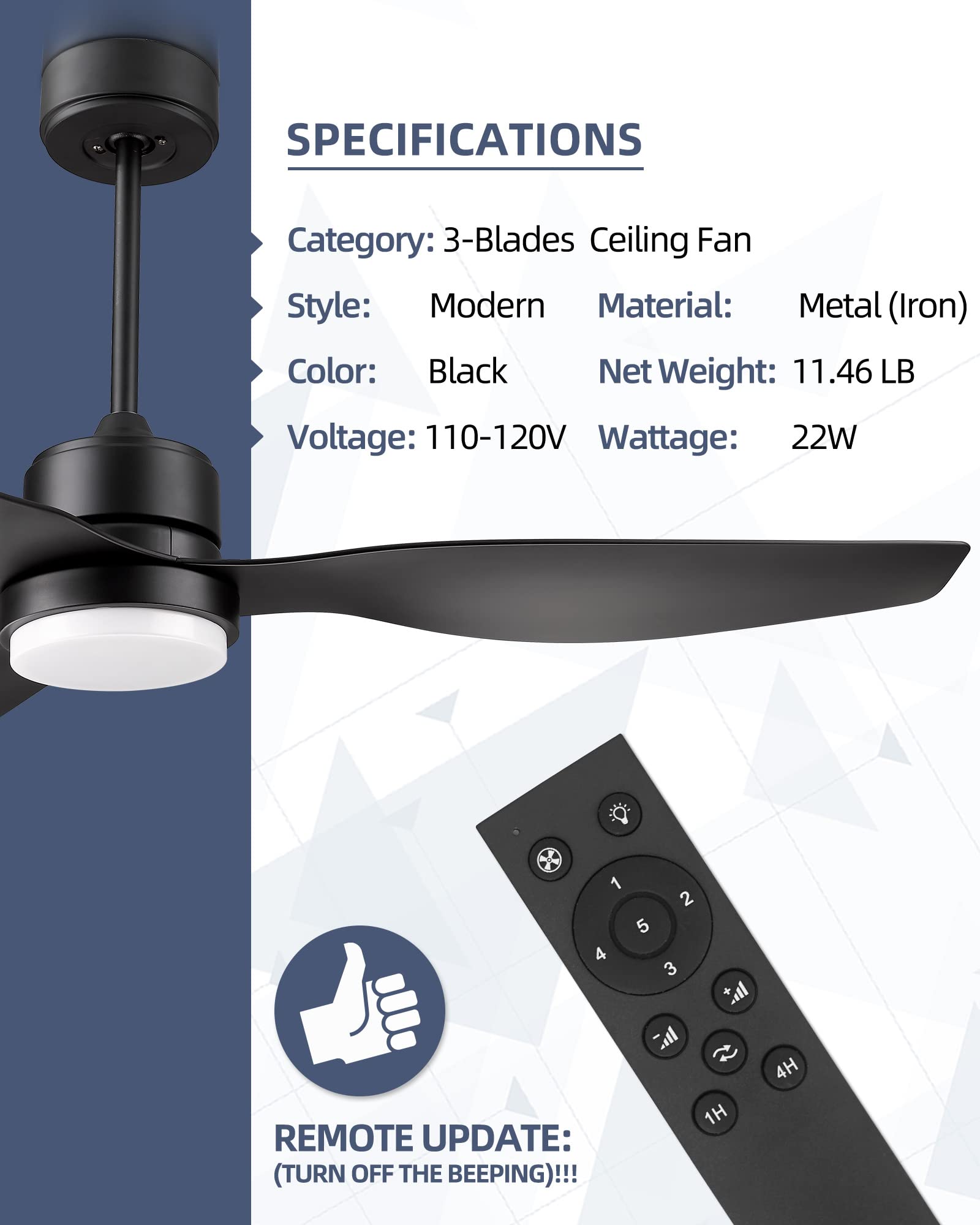 YOUKAIN 52 Inch Indoor/Outdoor Modern Ceiling Fan with Lights and Remote Control, Reversible Blades, for Living room, Bedroom, Bathroom, Matte Black, 52-YJ359-BK